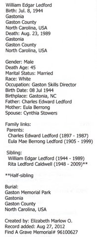 William Edgar Ledford (William Edgar Ledford) (Deceased), Gastonia, NC ...